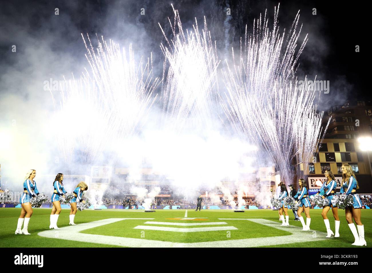 Fireworks are seen before play during the NRL Elimination Final match ...