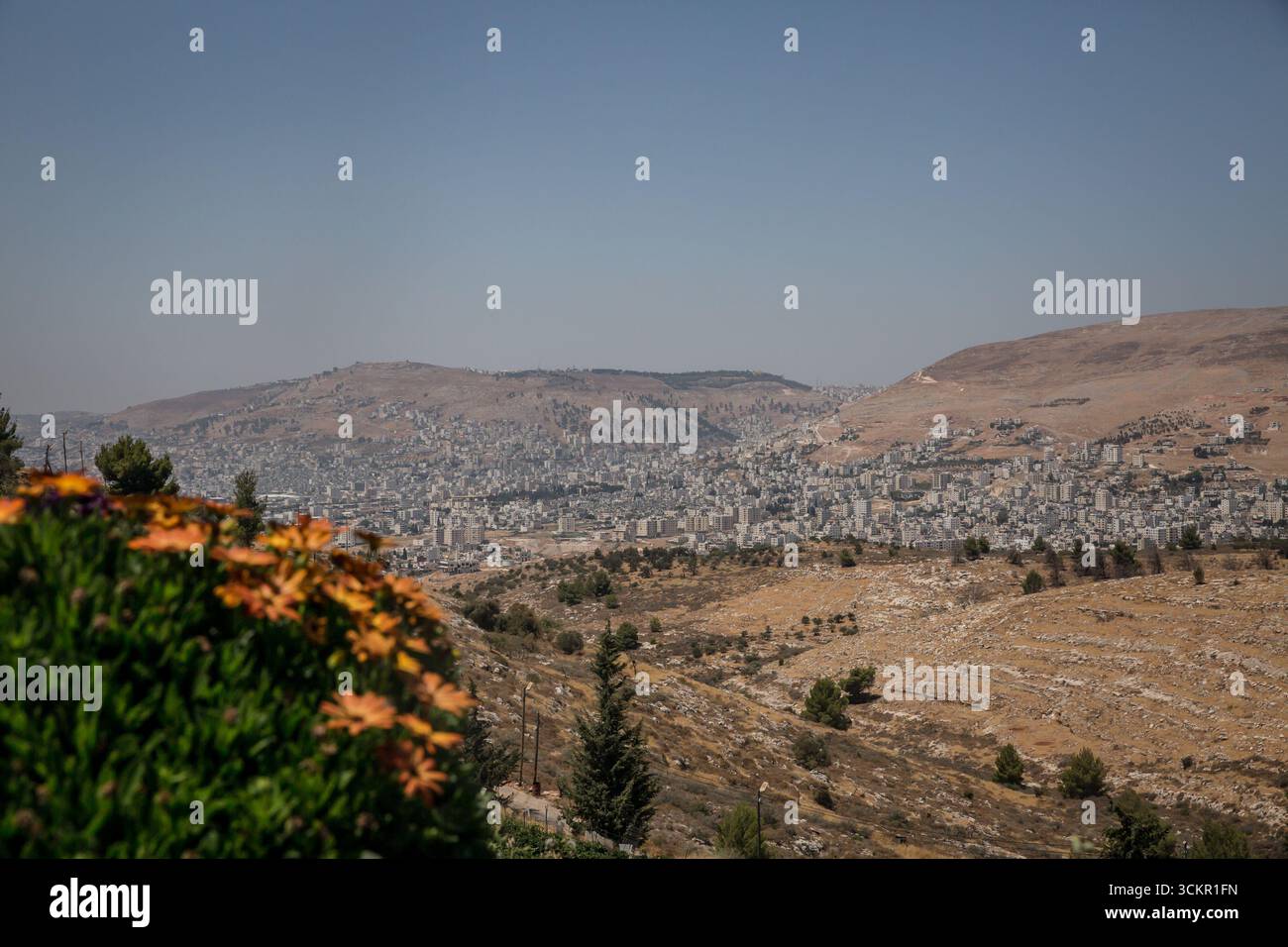 A view of the Palestinian city of Nablus from the settlement of Elon ...