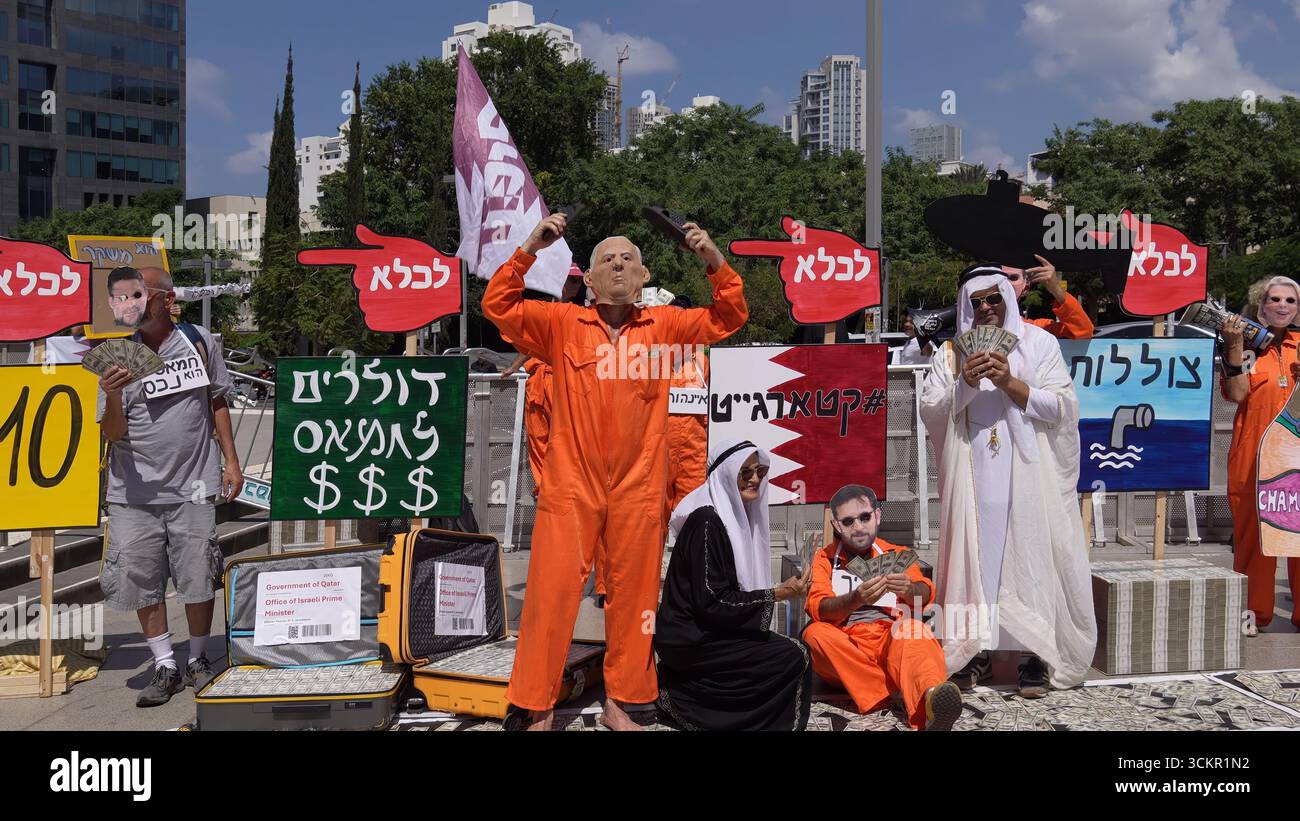 TEL AVIV, ISRAEL - SEPTEMBER 8: Protesters, some wearing a mask of ...