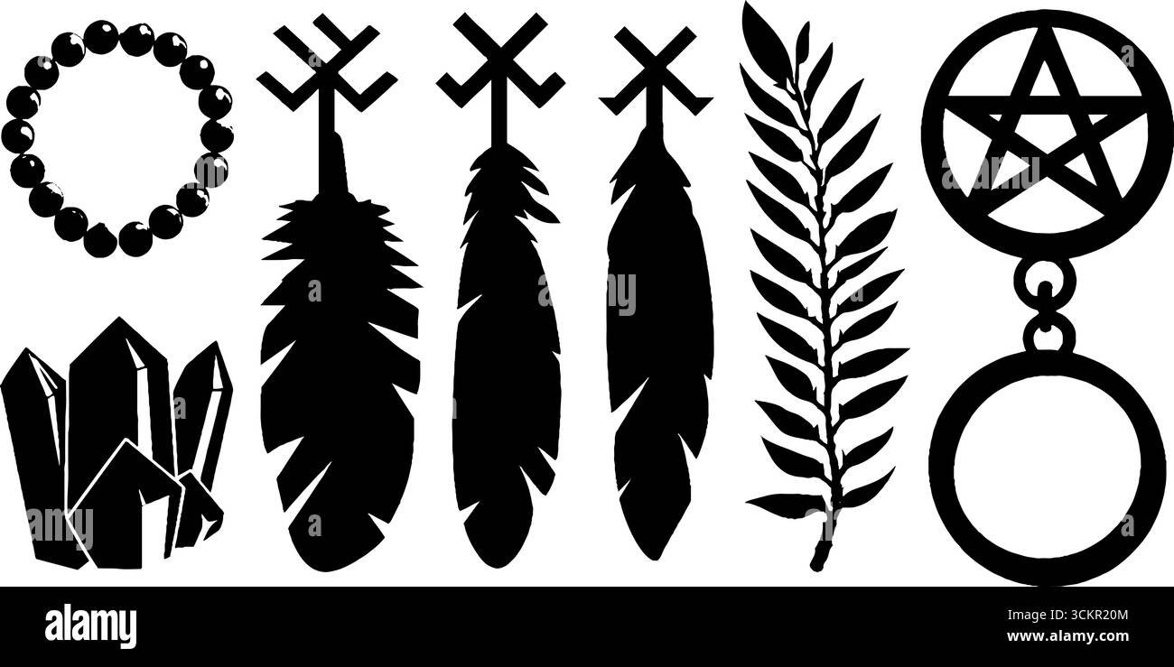Mystic elements collection with runes, pentagram, feathers, and natural ...