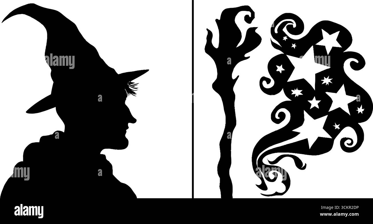 Enchanting wizard silhouettes with magic staff and starry swirls for ...