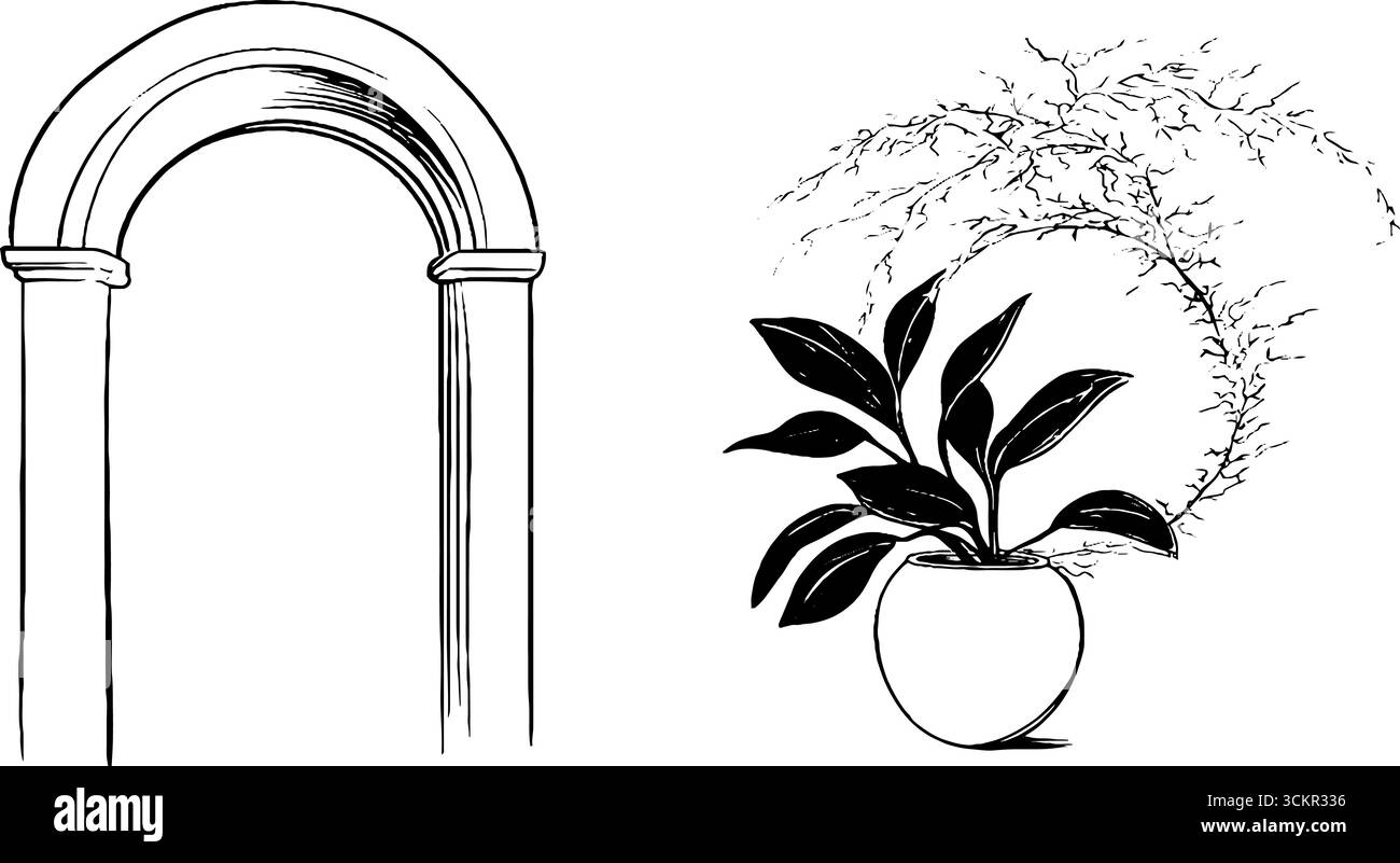 Elegant line art illustration of byzantine arch and potted plant design ...