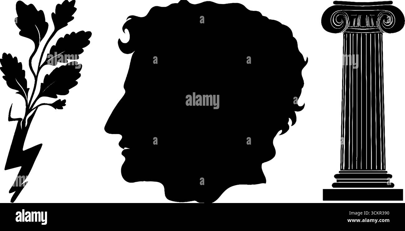 Zeus silhouette with lightning bolt and olive branch for mythology ...