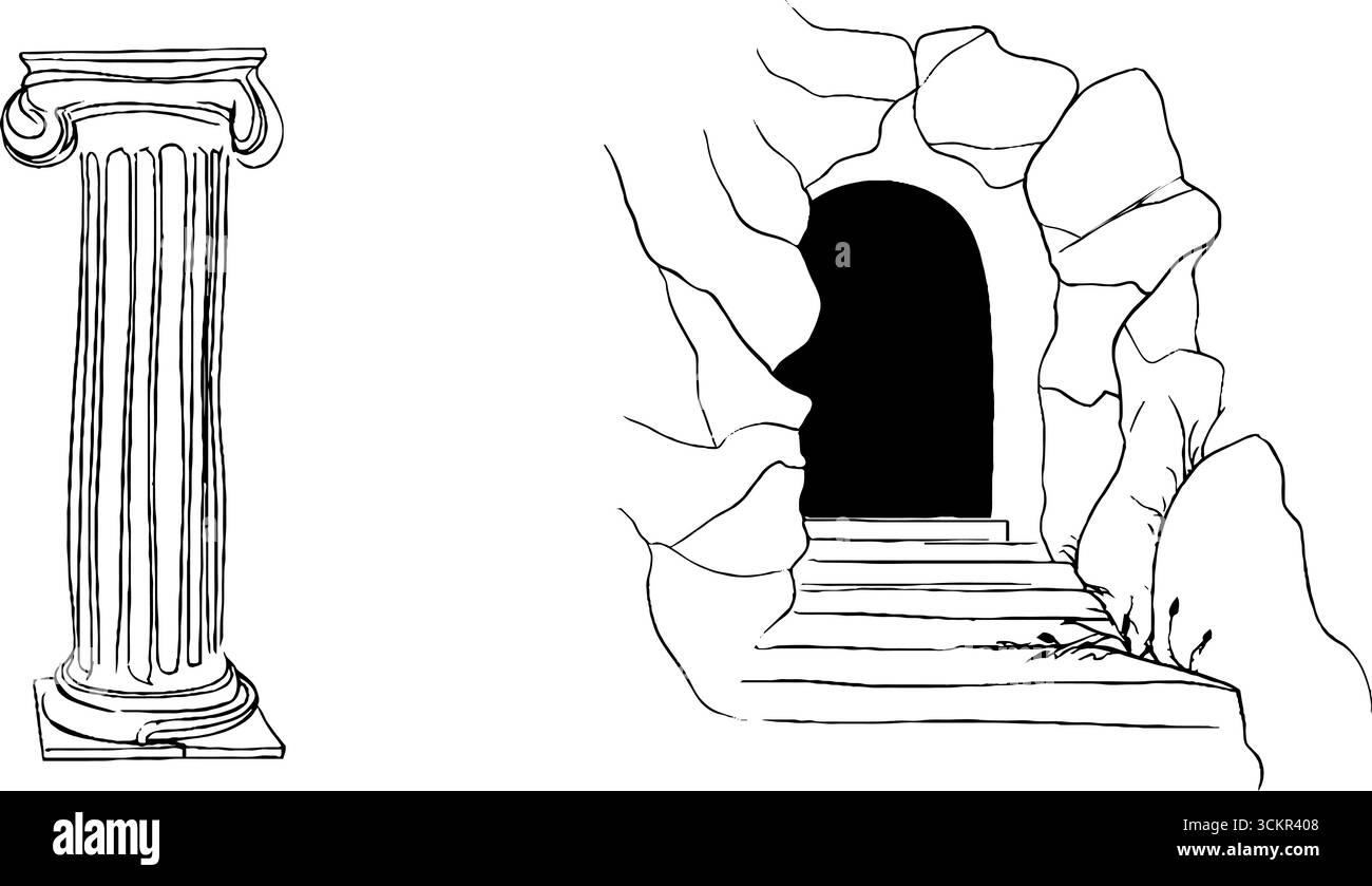 Line art illustration of broken column and ancient entrance design for ...