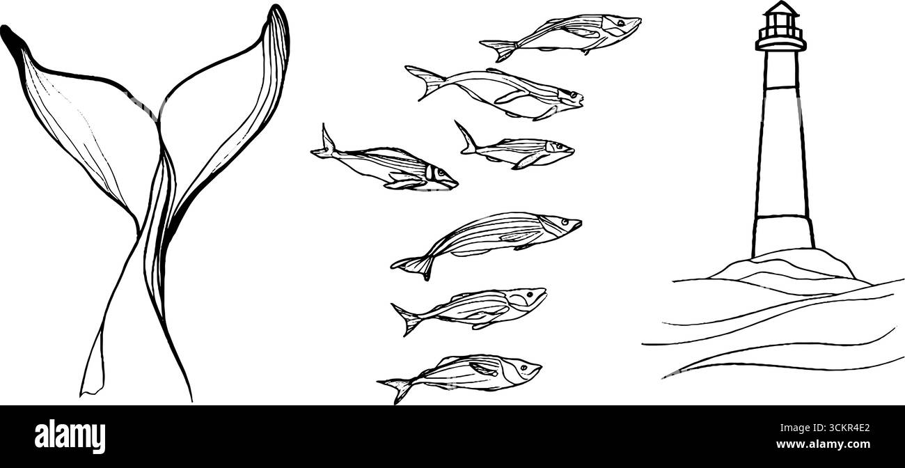 Sea-inspired line art with whale tail, fish, and lighthouse - nautical ...