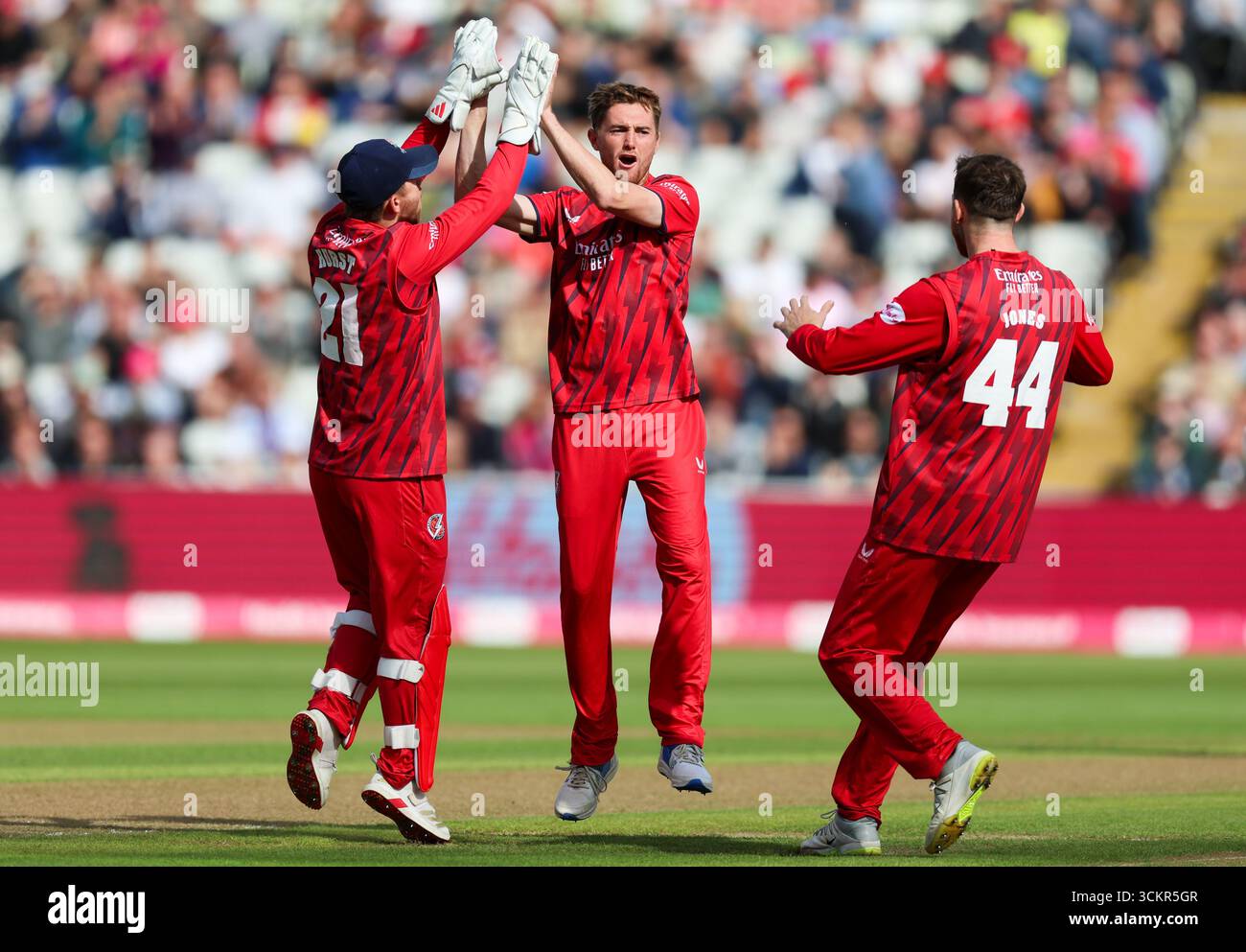 Lancashire Lightning's George Balderson celebrates the wicket of ...