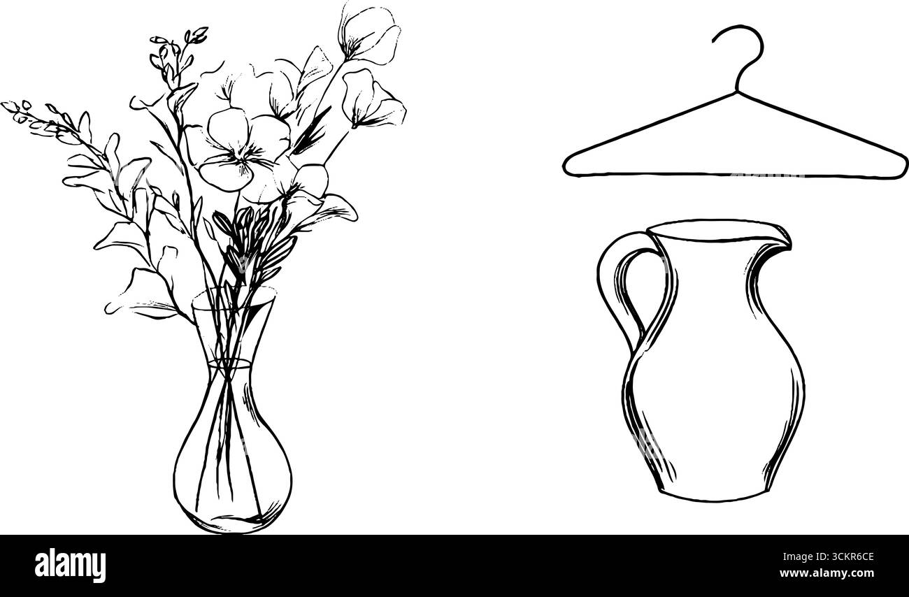 Minimalist line art collection featuring dried bouquet vase, pitcher ...