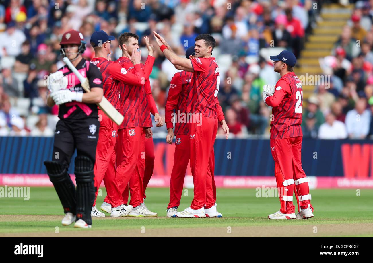 Lancashire Lightning's James Anderson celebrates the wicket of Somerset ...