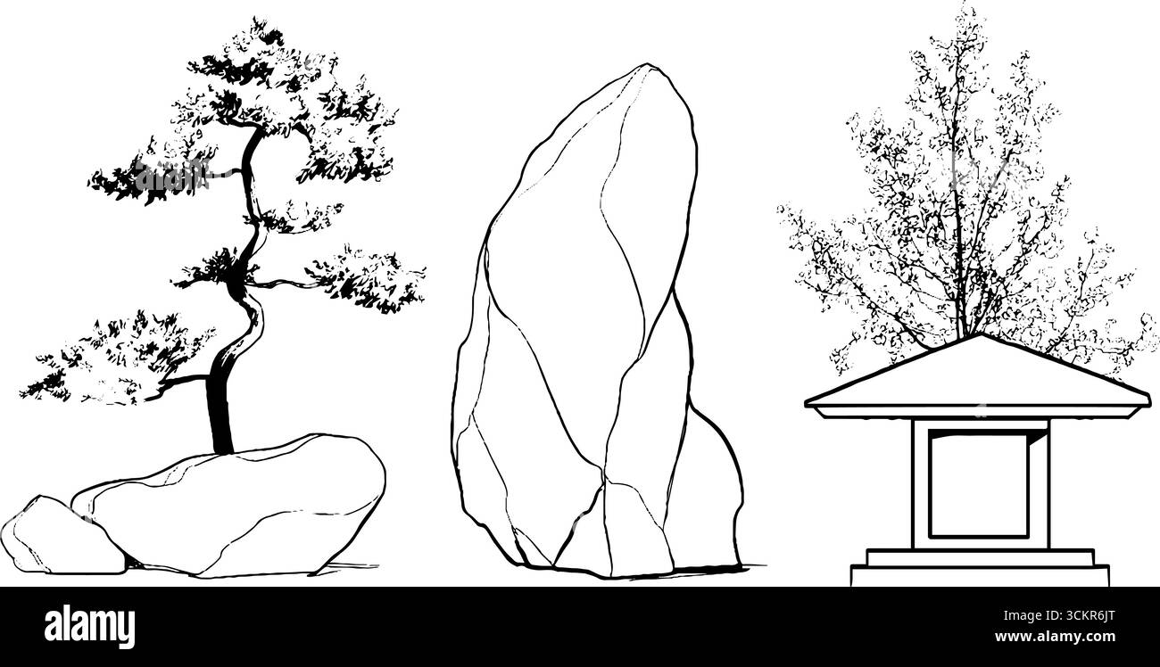 Nature inspired line art set featuring sculpted pine, rock, and ...