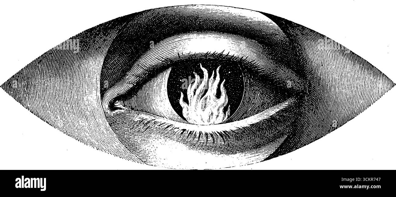 Surreal visionary art: burning eye with ancient mirror concept Stock ...