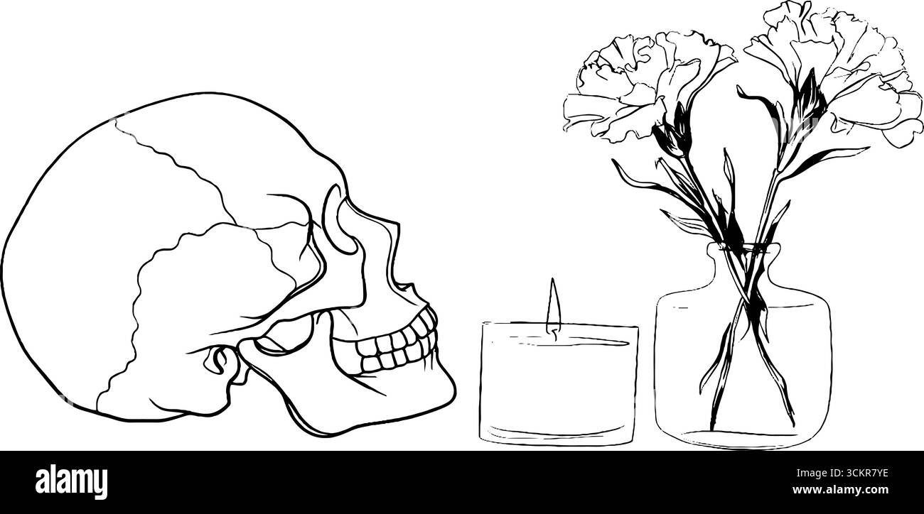 Day of the dead line art with sugar skull and marigolds for festive ...