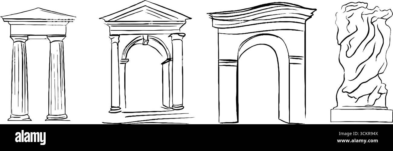 Classical architectural elements set featuring tympanum and entablature line art for historical ...