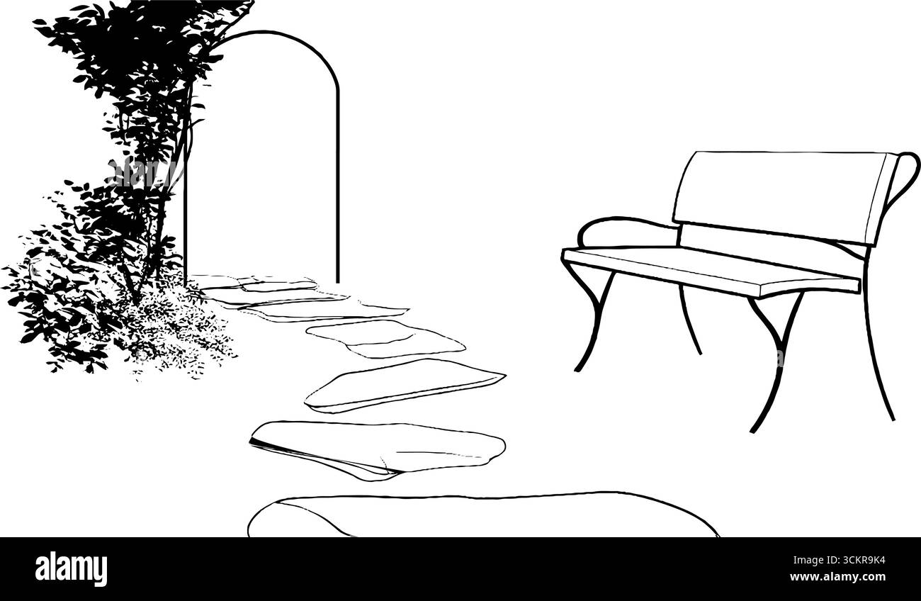 Line art of slate tile pathway with bench and garden archway Stock ...
