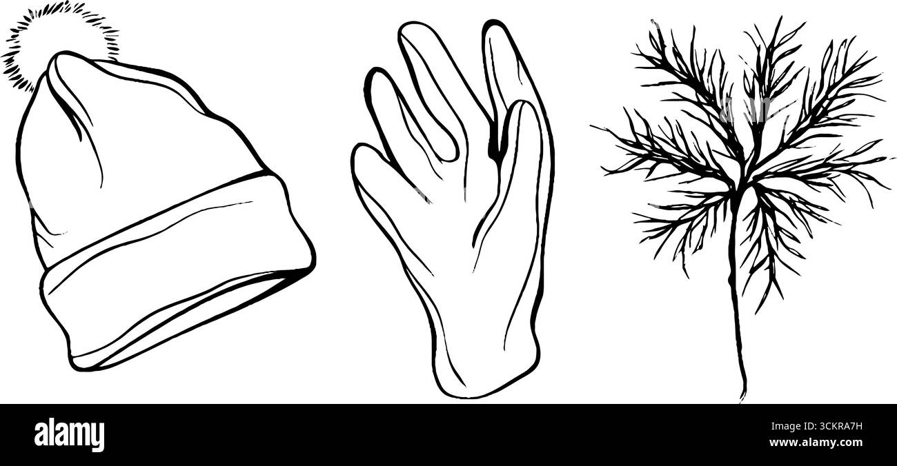 Winter accessories and nature-inspired line art illustration set Stock ...