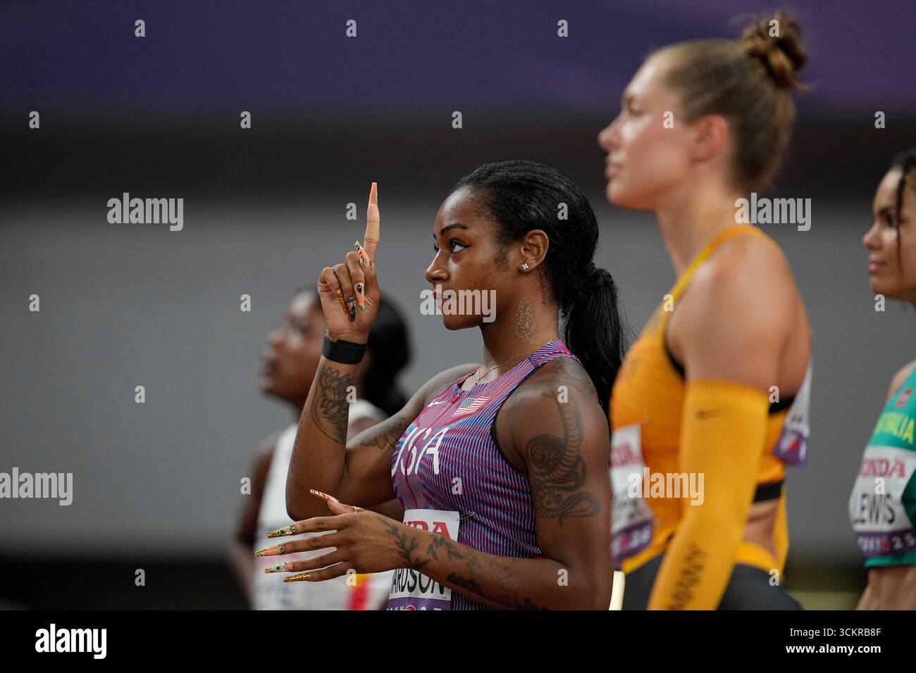 United States' Sha'Carri Richardson gestures as she is introduced ...
