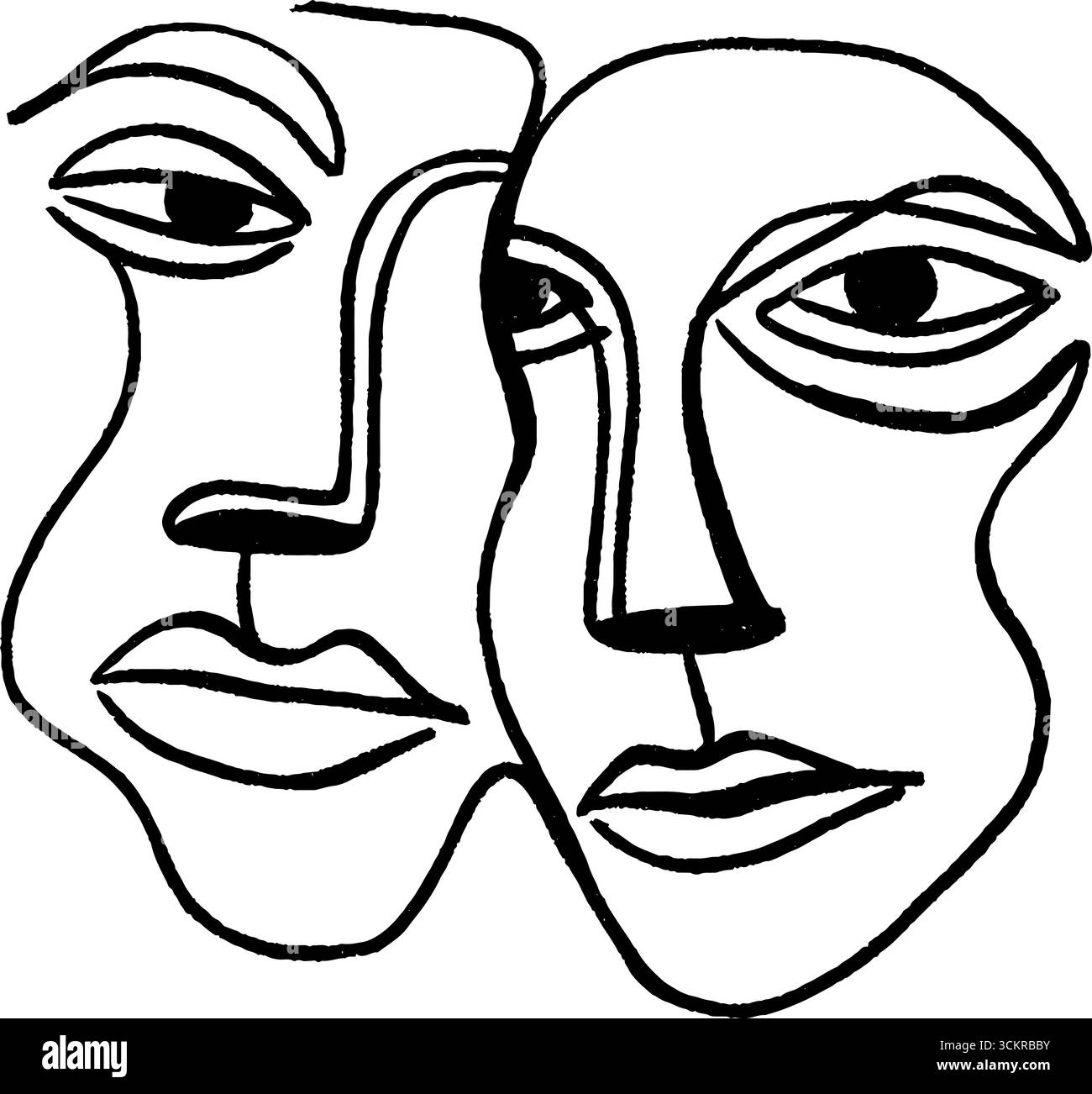 Modern minimalist line art of two overlapping faces - abstract portrait ...