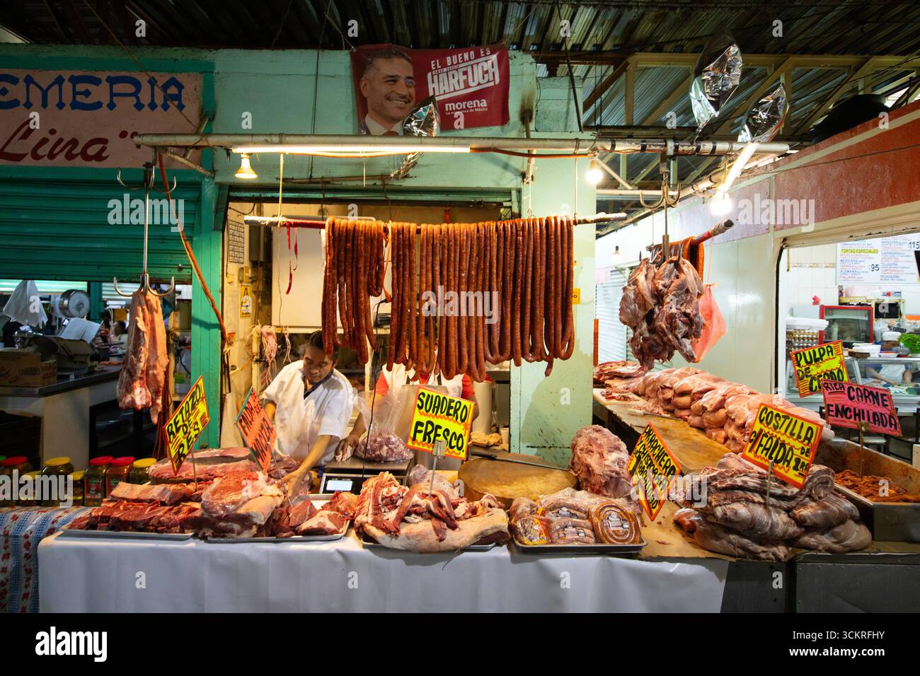 Mexico City, Mexico; November 1, 2025: Stalls selling fresh meat at the ...