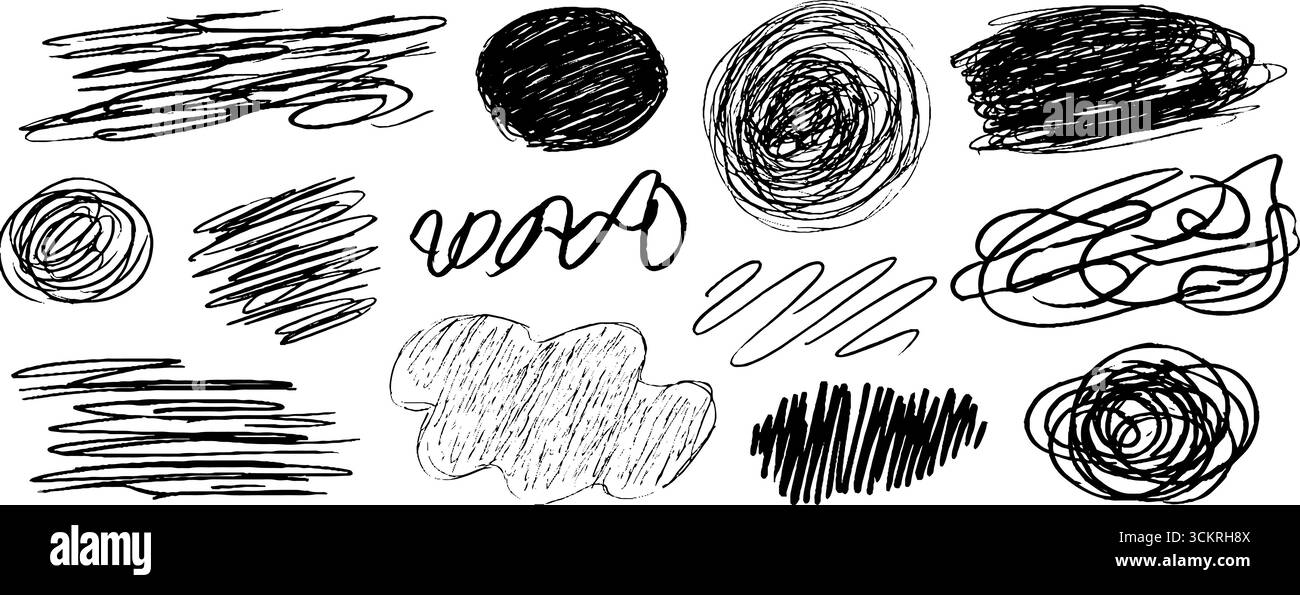Artistic collection of twelve black and white scribble marks for ...