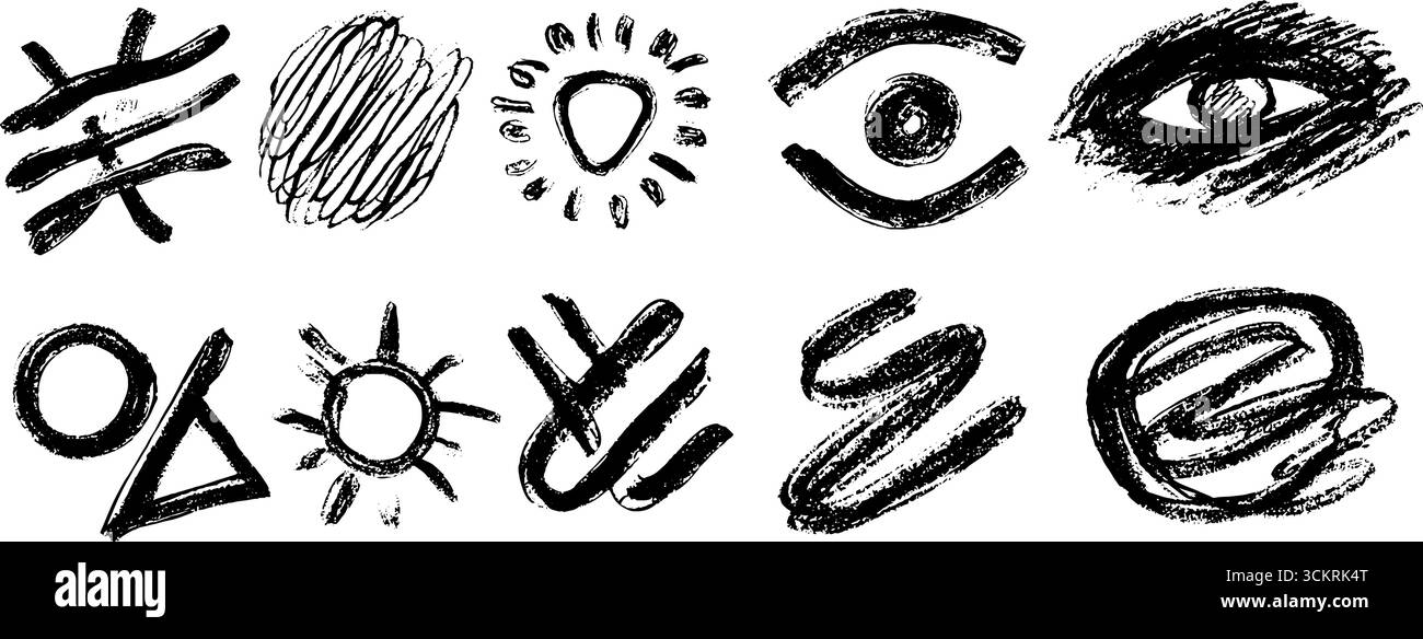 Hand drawn collection of twelve unique scribbled symbols for artistic ...