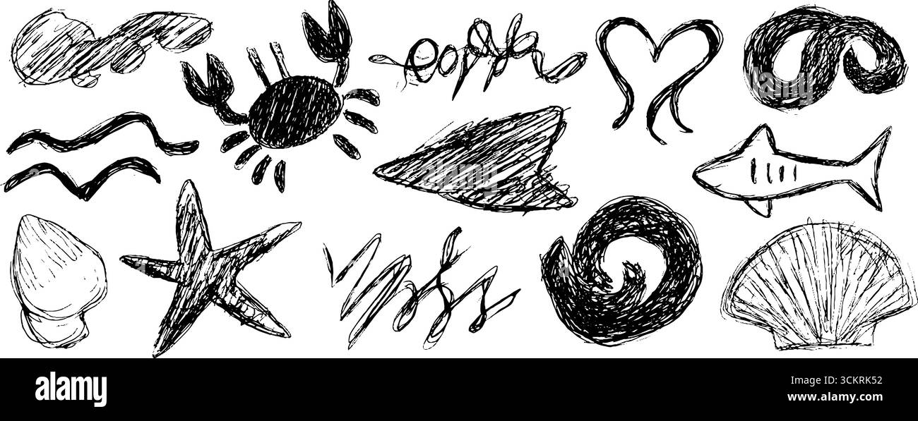Hand drawn ocean creatures Black and White Stock Photos & Images - Alamy
