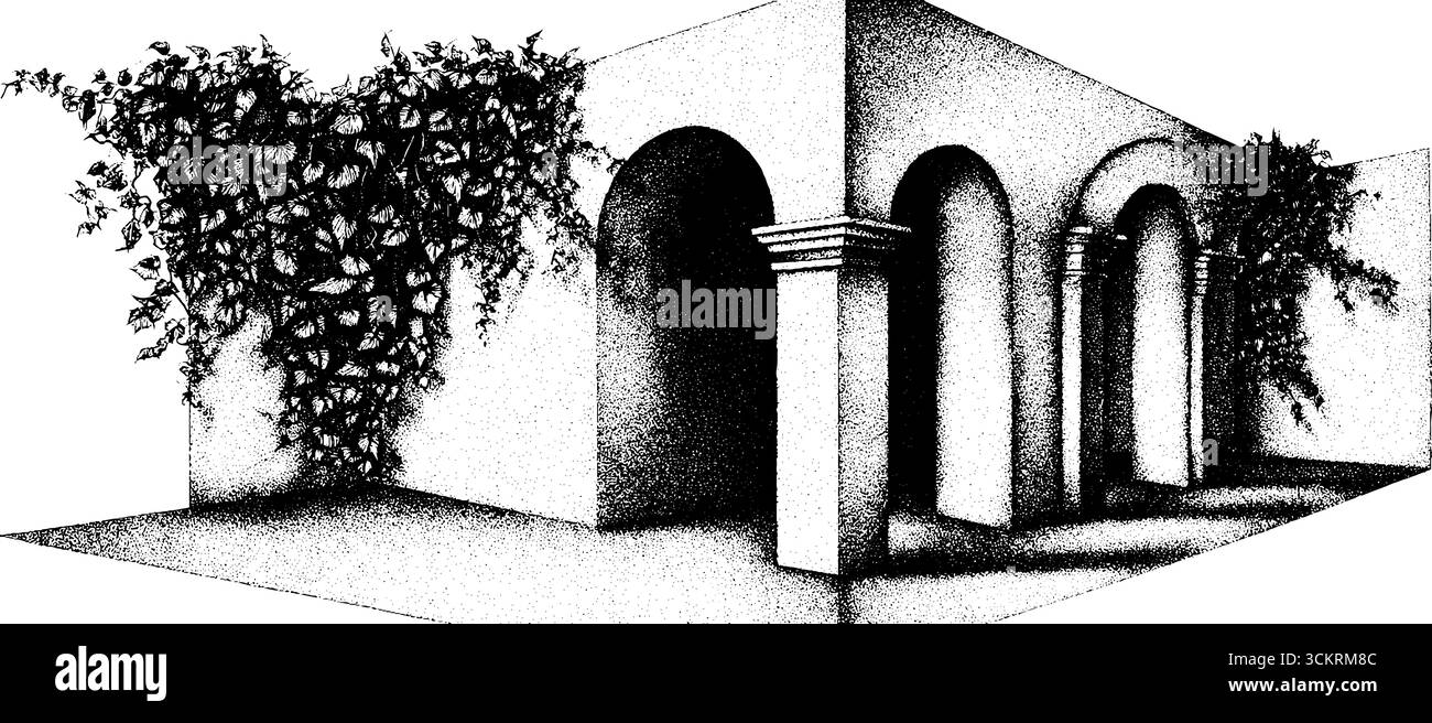 Architectural archway with hanging ivy and cross design in ink sketch ...
