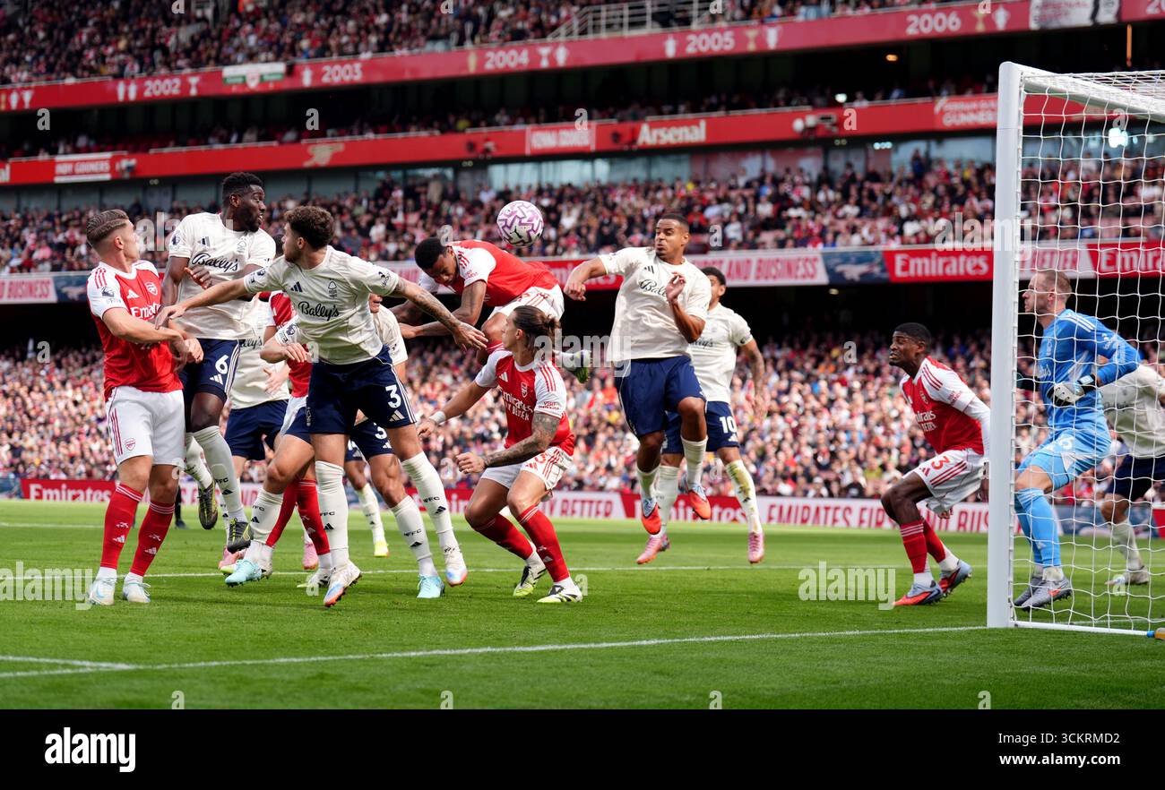 Arsenal's Gabriel heads towards goal during the Premier League match at ...
