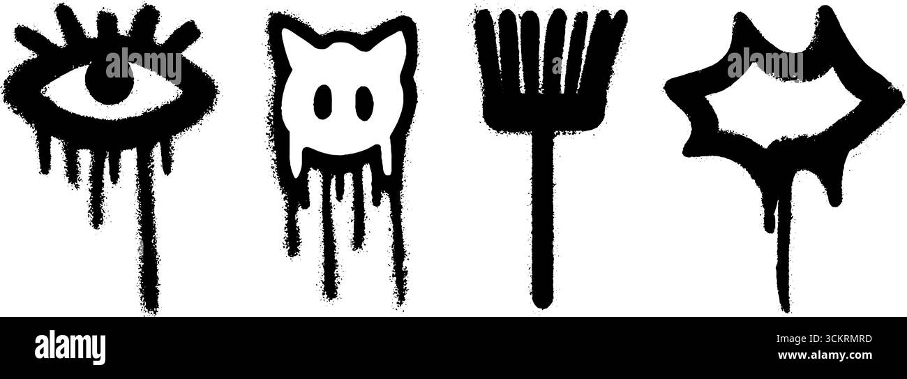 Halloween symbols: dripping cat eye, broomstick, black candle, and cat ...