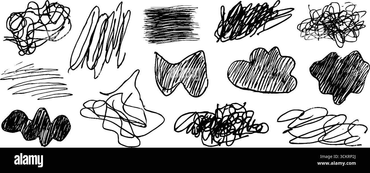 Artistic collection of twelve hand-drawn chaotic clusters for creative ...