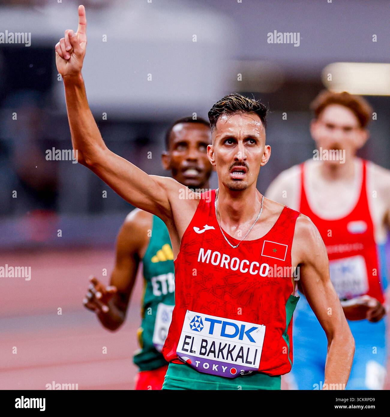 Soufiane El Bakkali of Morocco celebrates after competing in the Men's ...