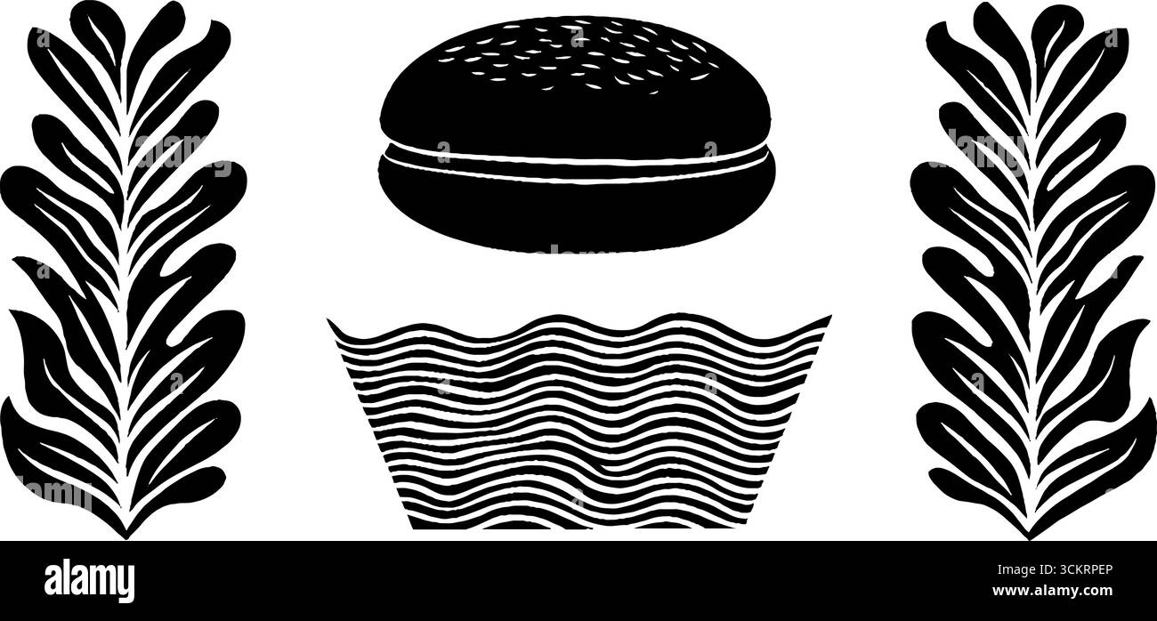 Black and white burger bun with lettuce and takeaway container design ...