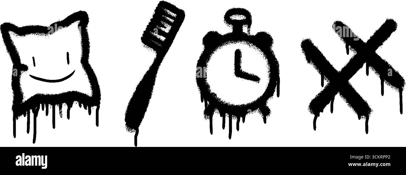 Grunge style icons of toothbrush, pillow, and alarm clock for morning ...