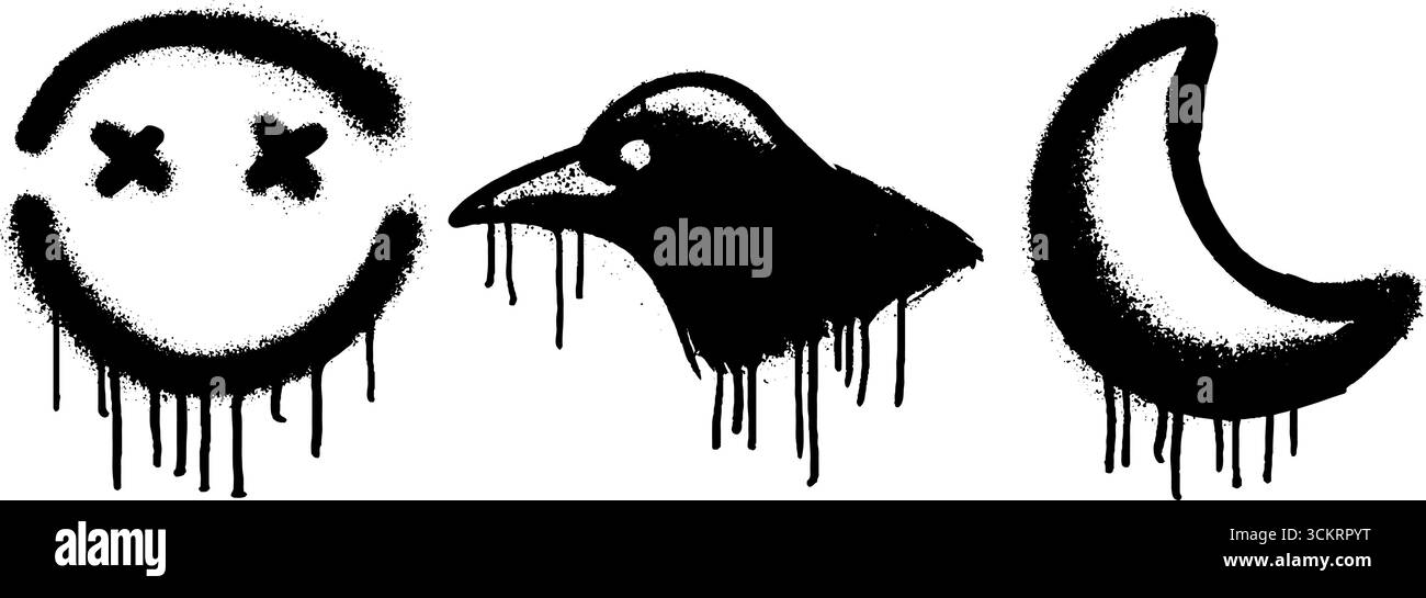 Urban graffiti art featuring raven, moon, and smoke trail designs Stock ...