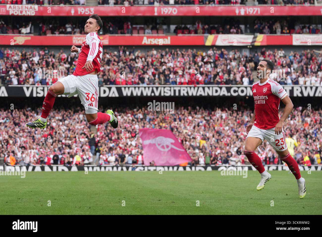 Arsenal's Martín Zubimendi, left, and Mikel Merino celebrate after a ...
