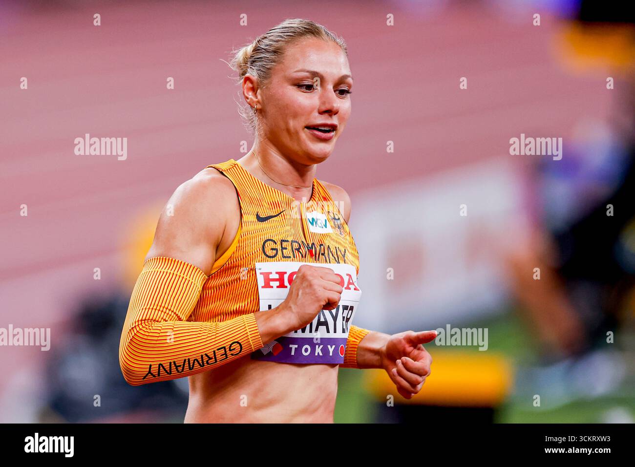 Lisa Mayer of Germany looks on after competing in the Women's 100 ...