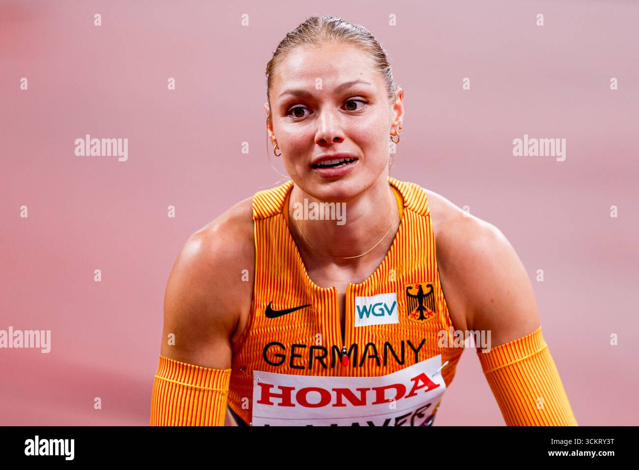 Lisa Mayer of Germany looks on after competing in the Women's 100 ...