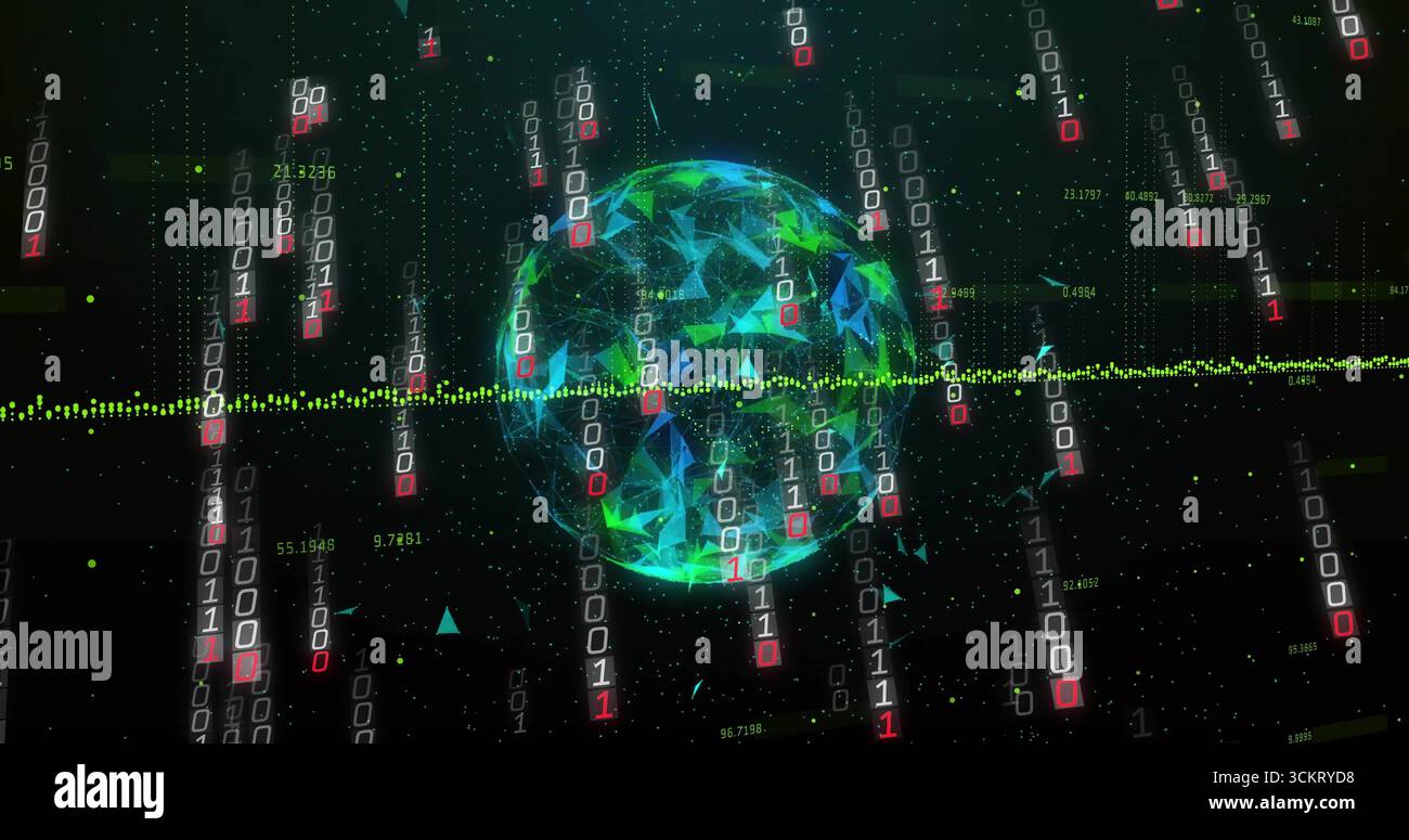Spinning data globe in dark grid, streaming binary code, neon green waveform, floating data ...