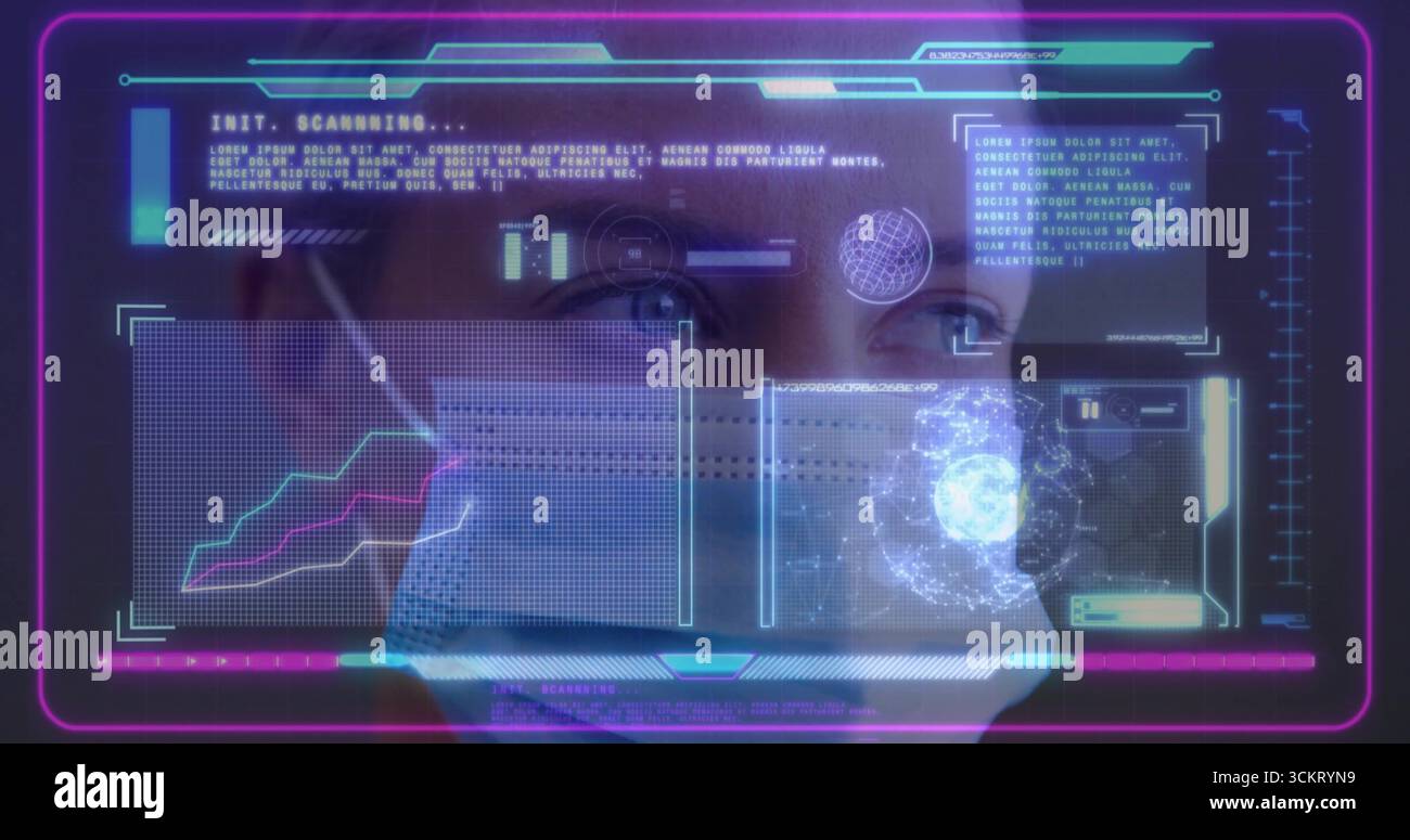Projecting holographic interface over female face at console with globe ...
