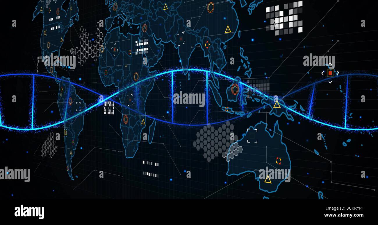 Stretching blue DNA double helix across interface grid, with world map ...