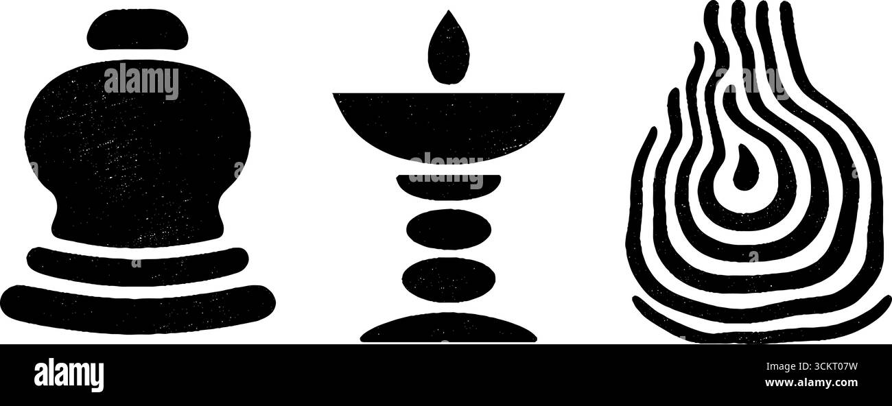 Sacred symbols collection: temple bell, votive lamp, and holy offering ...