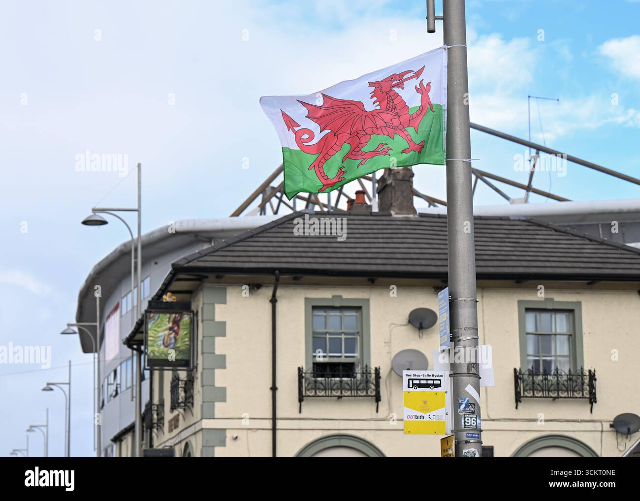 The flag of Wales hangs from a lamp post outside the ground ahead of ...