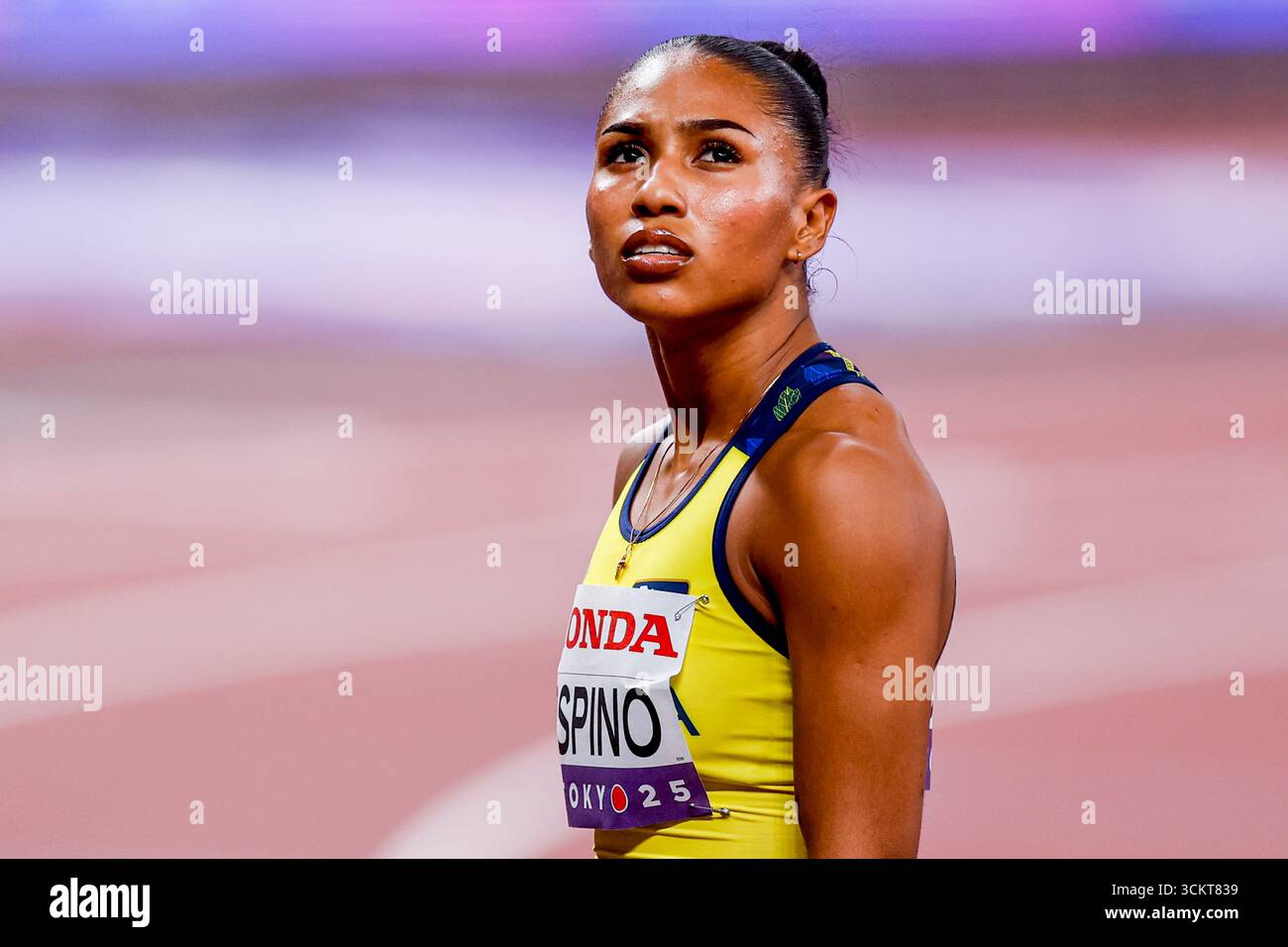 Marlet Ospino of Colombia looks on after competing in the Women's 100 ...