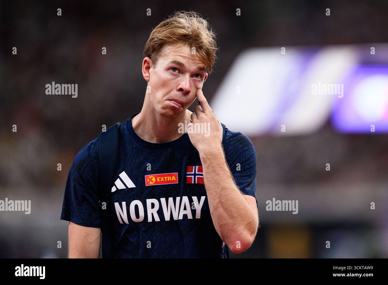 250913 Simen Guttormsen of Norway looks dejected after men's pole vault ...