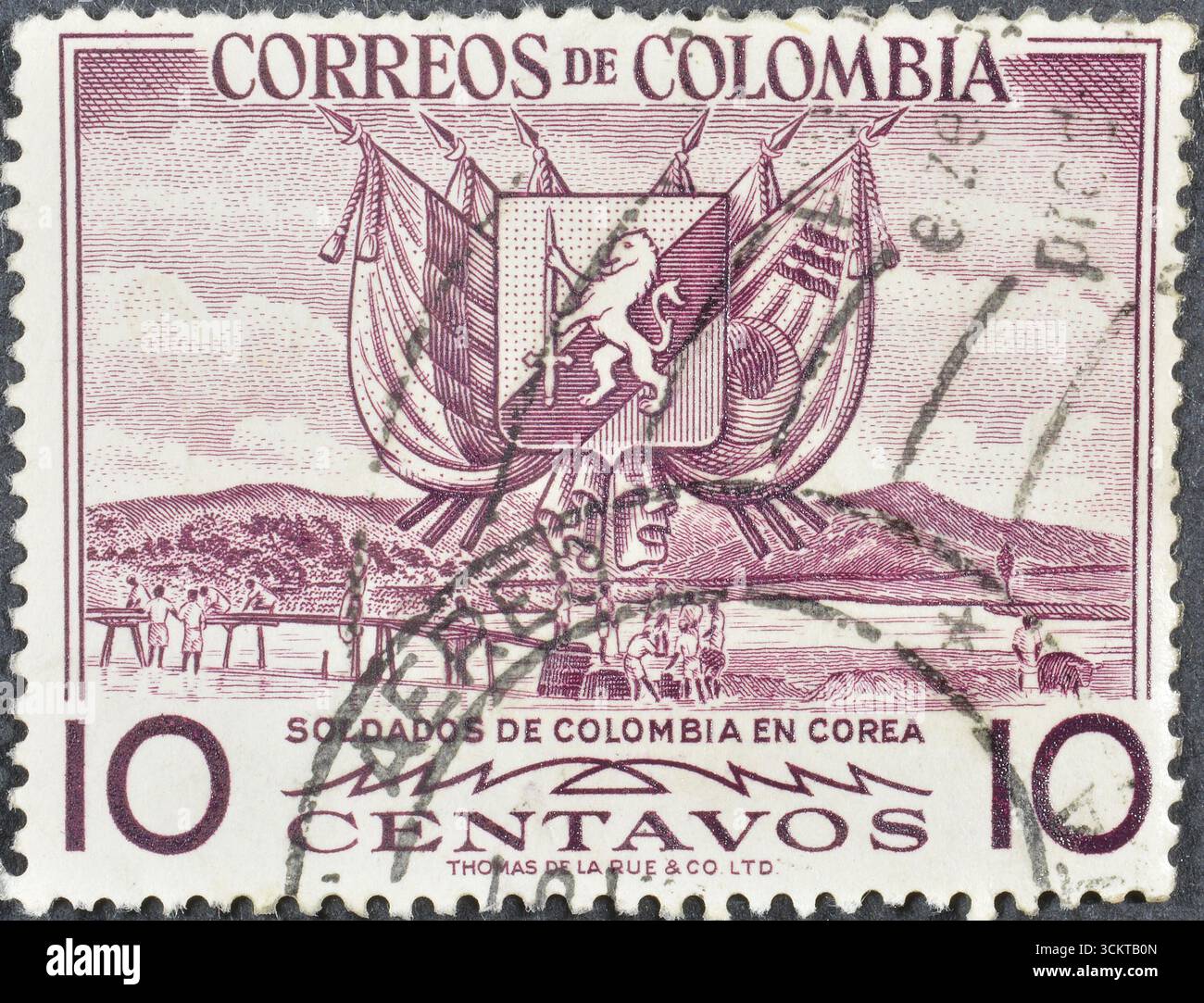 Cancelled postage stamp printed by Colombia, that shows Arms, Flags and ...