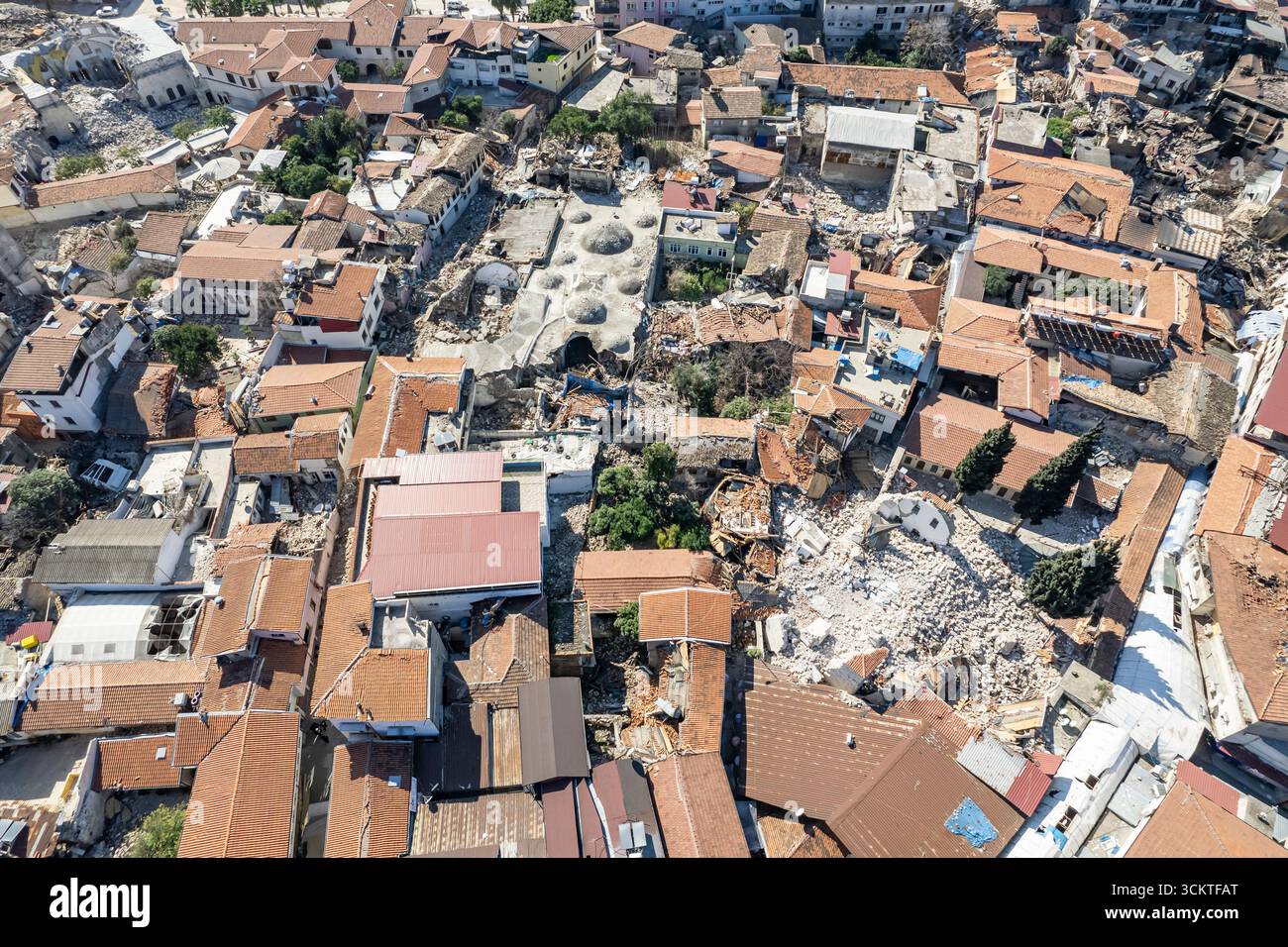 Turkey earthquake aerial view. Aerial view of collapsed buildings in ...