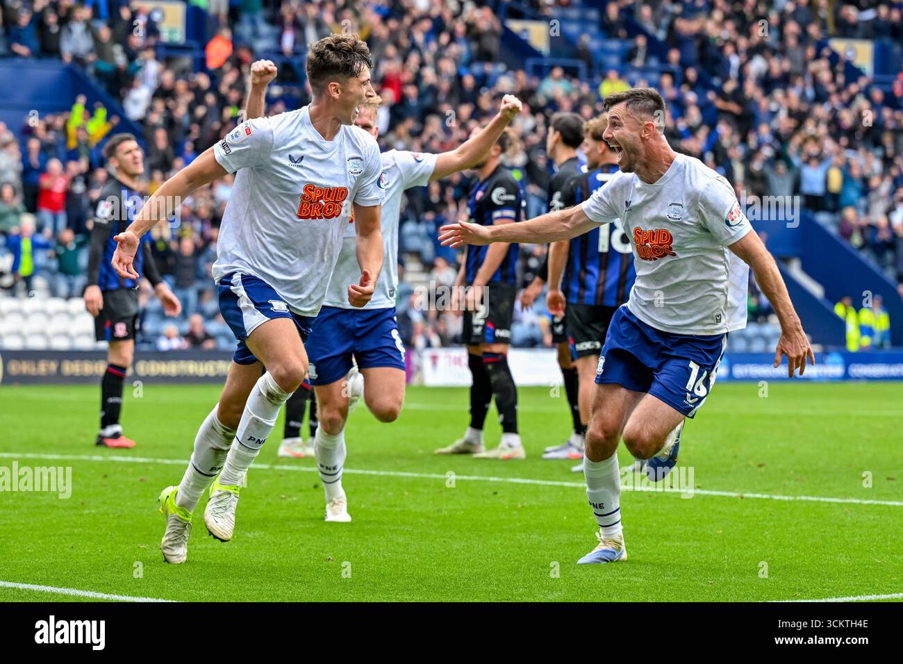 Jordan Story of Preston North End celebrates his goal during the Sky ...