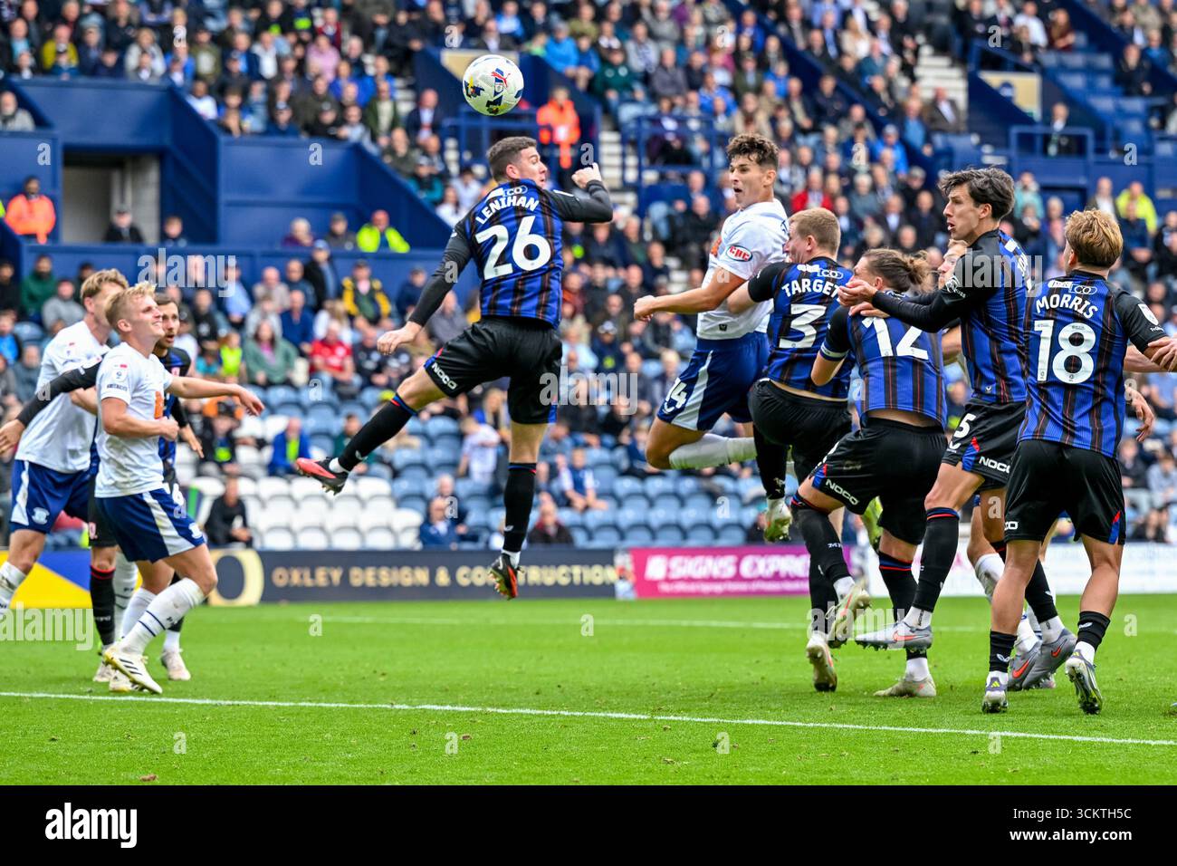 Jordan Story of Preston North End heads the second goal for PNEduring ...