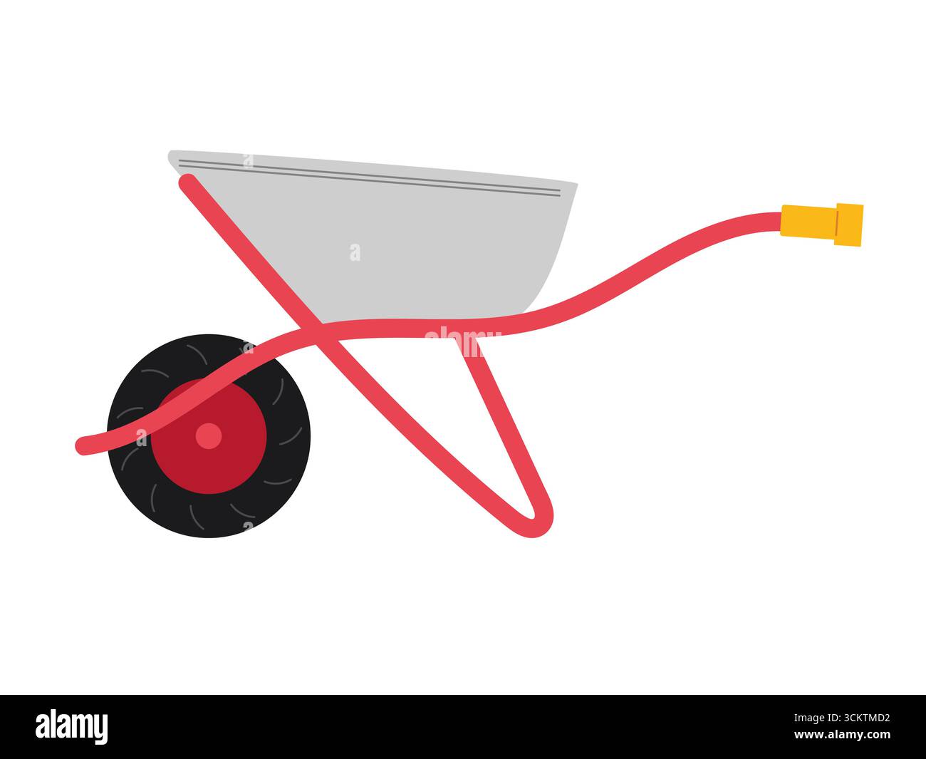 A wheelbarrow featuring a metallic body, red handle, and black wheel ...