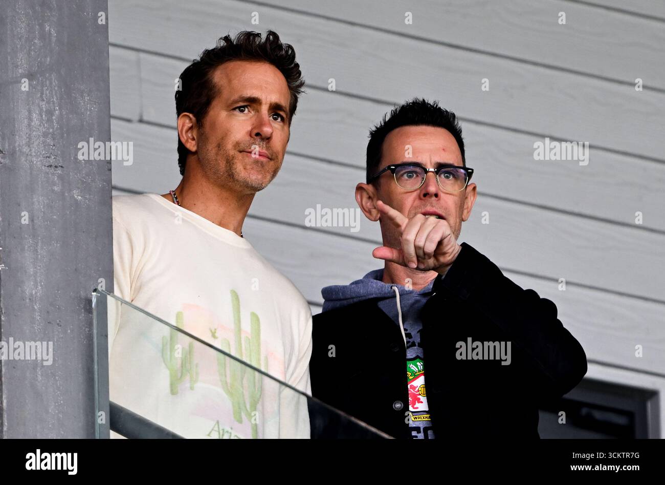 Wrexham owner Ryan Reynolds with Colin Hanks during the Sky Bet ...