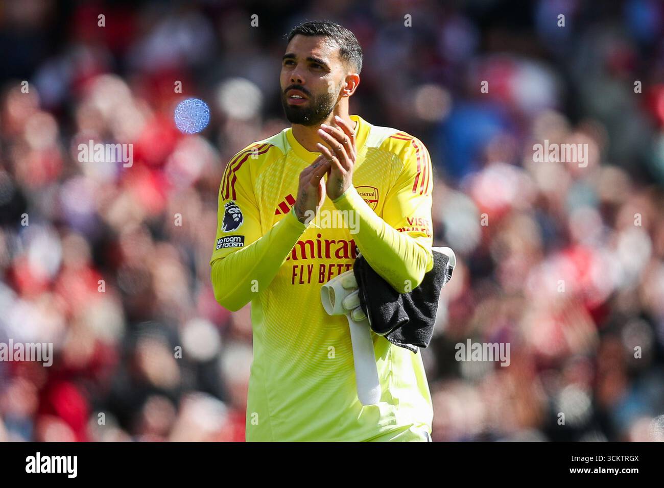 David Raya of Arsenal acknowledges the fans after the teams victory ...