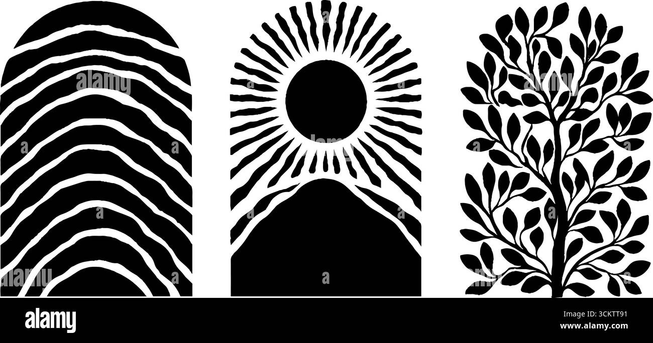 Minimalist nature symbols featuring sun, hills, and olive tree for ...